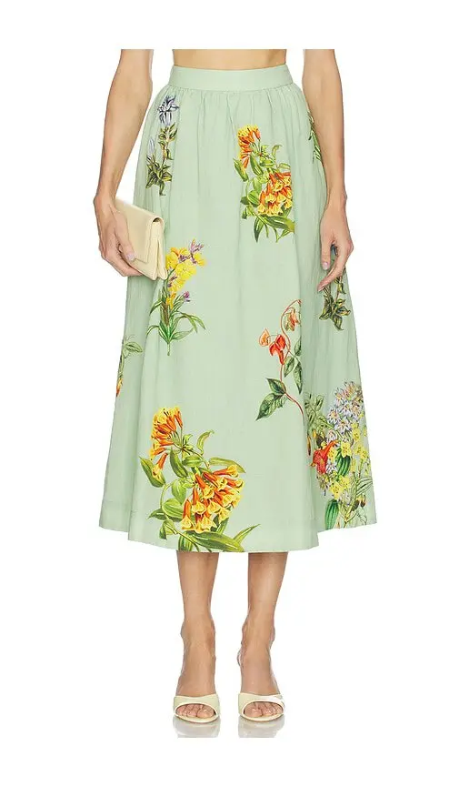 Hemant & Nandita Floral Print Linen Blend Midi Skirt - Mint