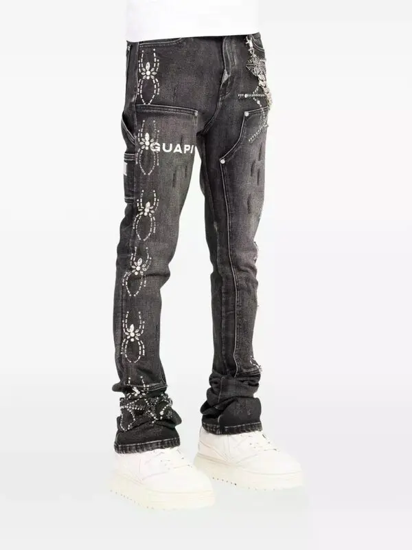 GUAPI Crystal-embellished Spider-motif Jeans - Grey