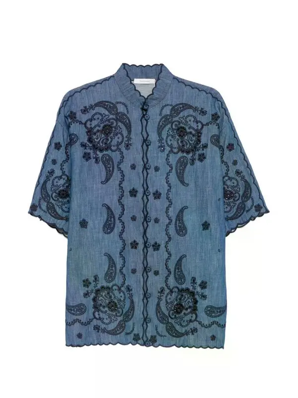 Zimmermann Aster Paisley-embroidered Scalloped Blouse - Blue