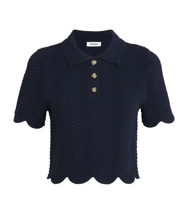 Sandro Knitted Polo Crop Top With Gold-tone Buttons - Blue