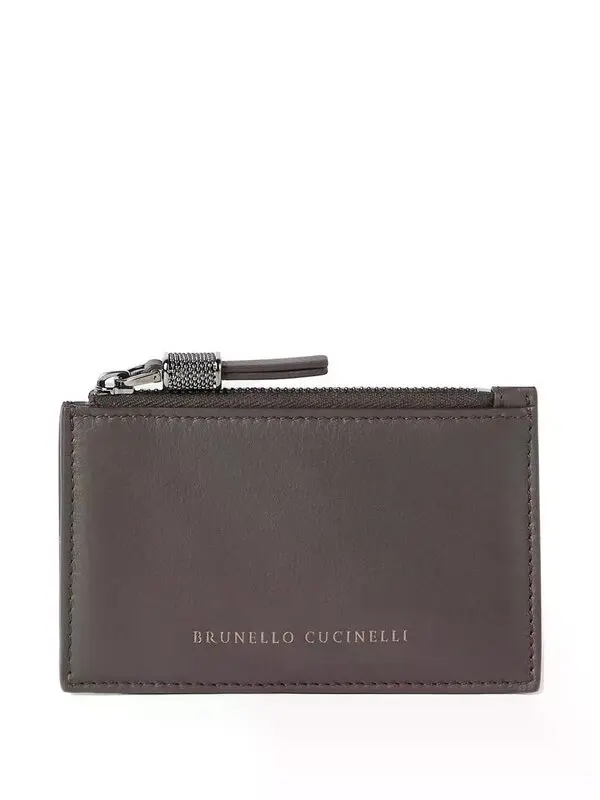 Brunello Cucinelli Calfskin Card Case With Shiny Zipper Pull - Brown