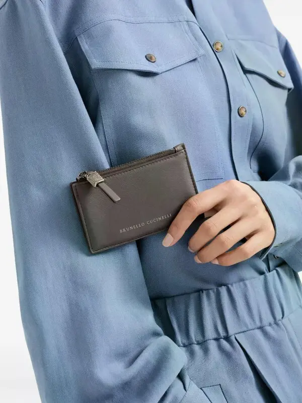 Brunello Cucinelli Calfskin Card Case With Shiny Zipper Pull - Brown