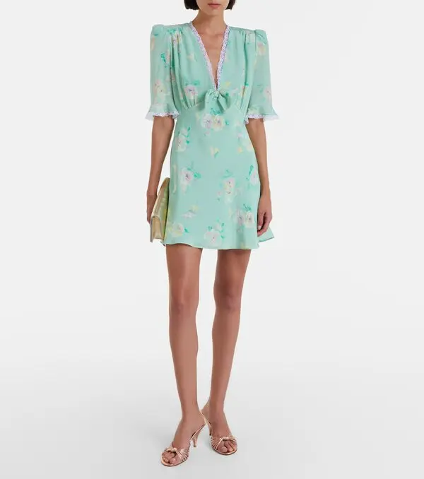 Alessandra Rich Lace-trimmed Floral Silk Mini Dress - Green