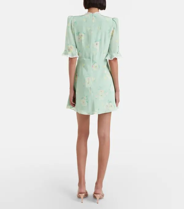Alessandra Rich Lace-trimmed Floral Silk Mini Dress - Green