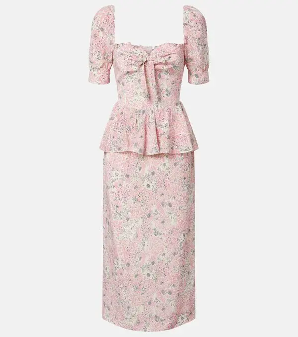 Alessandra Rich Floral Peplum Silk Midi Dress - Pink
