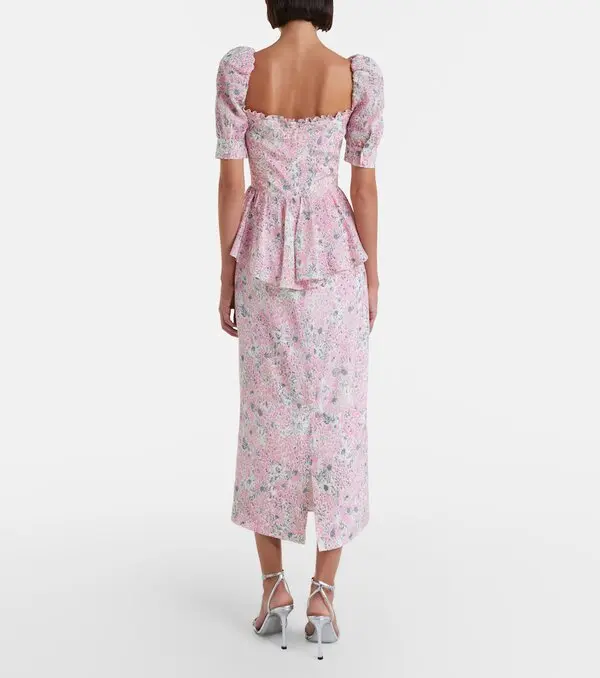 Alessandra Rich Floral Peplum Silk Midi Dress