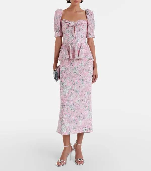 Alessandra Rich Floral Peplum Silk Midi Dress