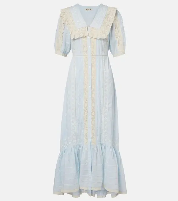 Rixo Edina Embroidered Cotton Midi Dress - Blue