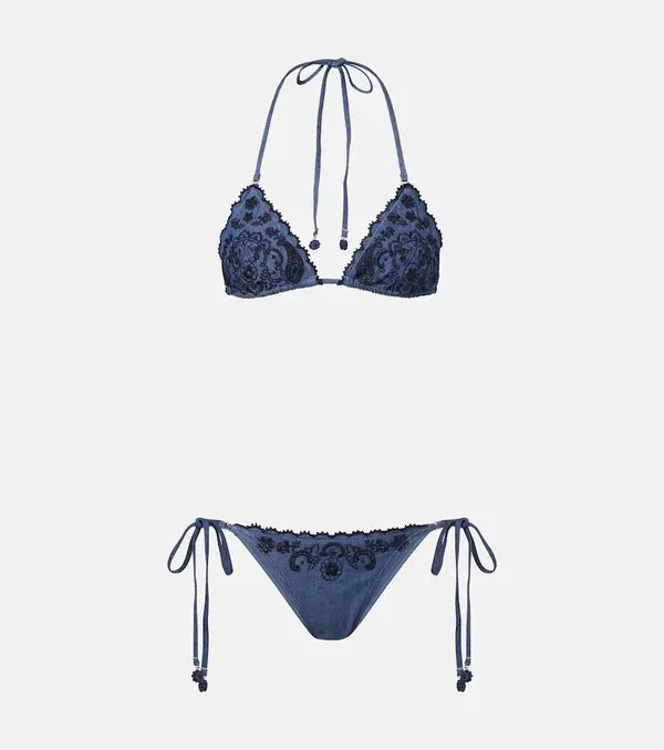 Zimmermann Aster Embroidered Denim Bikini - Blue