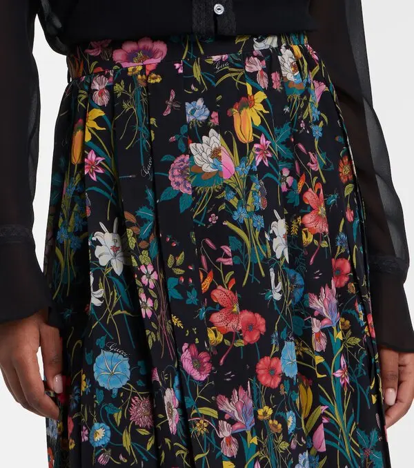 Gucci Flora Pleated Silk Midi Skirt
