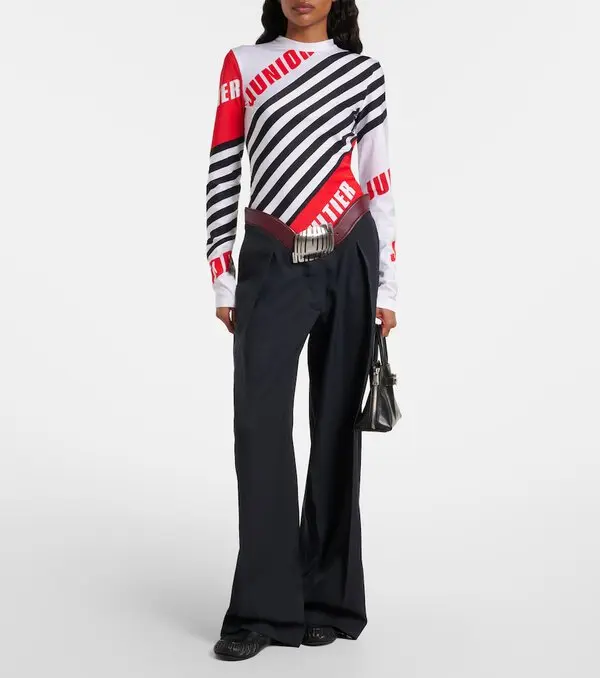 JEAN PAUL GAULTIER Leather-trimmed Wool Wide-leg Pants