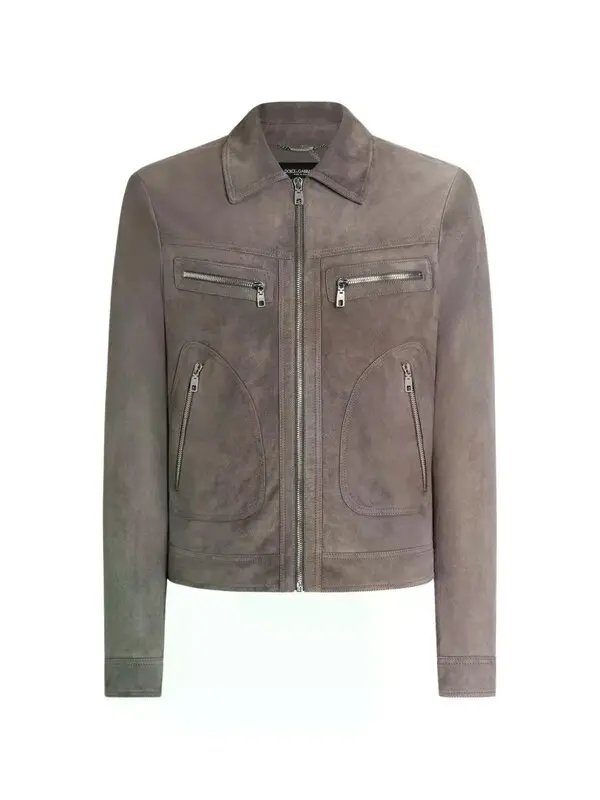 Dolce & Gabbana Suede Jacket With Intarsia Detail - Grey