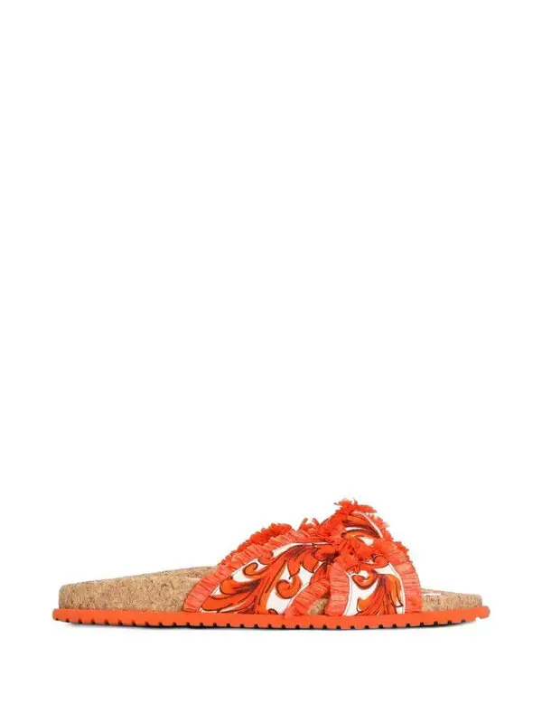 Dolce & Gabbana Majolica-print Brocade Flat Slippers With Raffia Fringe - Orange