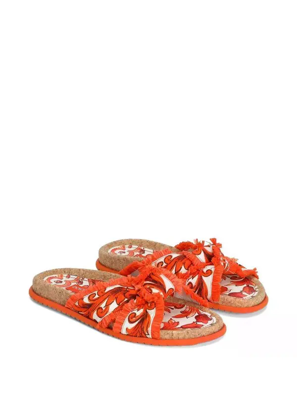 Dolce & Gabbana Majolica-print Brocade Flat Slippers With Raffia Fringe - Orange