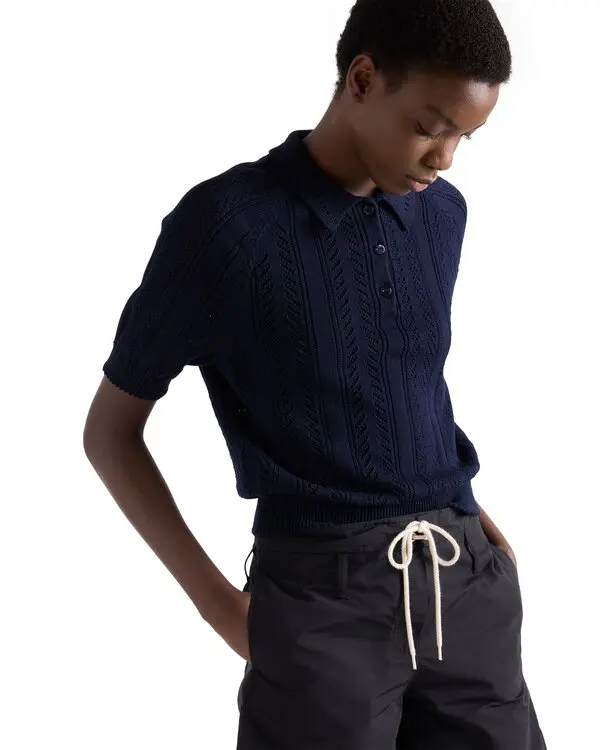 Prada Short-sleeved Openwork Cotton Polo Shirt - Navy
