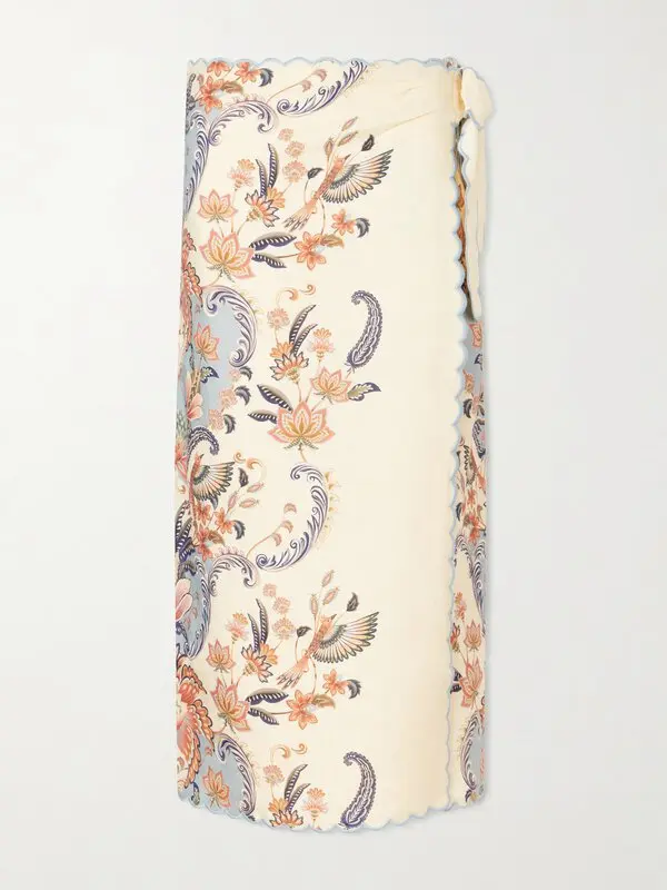 Farm Rio Scalloped Printed Linen Wrap Midi Skirt - Neutrals