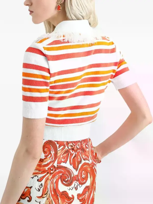 Dolce & Gabbana Striped Knit Polo Shirt With Feather Trim