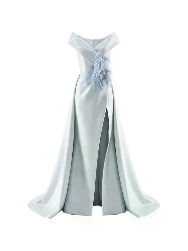 GATTINOLLI BY MARWAN Feather Embellished Off-shoulder Gown - Silver