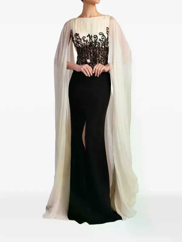 GATTINOLLI BY MARWAN Embroidered Cape-sleeve Gown - Neutrals