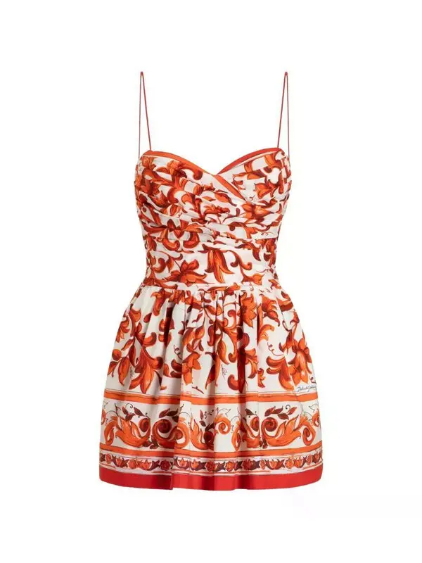 Dolce & Gabbana Majolica Print Poplin Strapless Dress - Orange