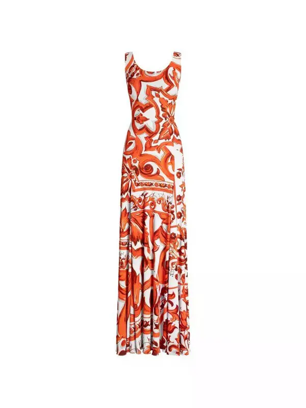 Dolce & Gabbana Majolica Print Organza Maxi Dress - Orange