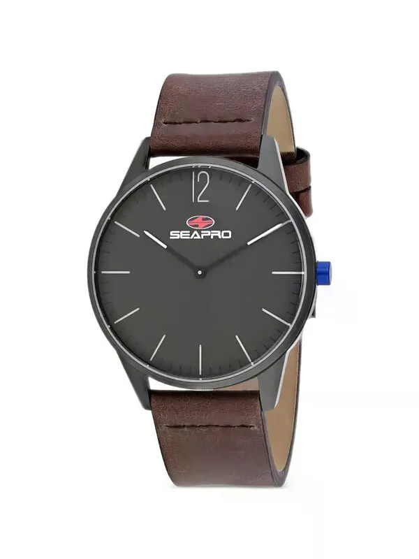 SEAPRO Round Face Quartz Watch With Brown Leather Strap - Black