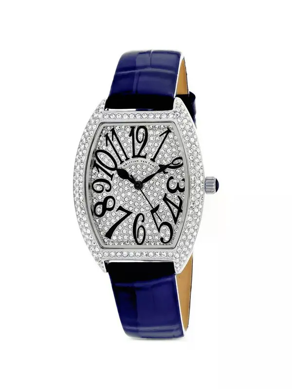 CHRISTIAN VAN SANT Tonneau Watch With Crystal Embellishments And Blue Leather Strap - Silver