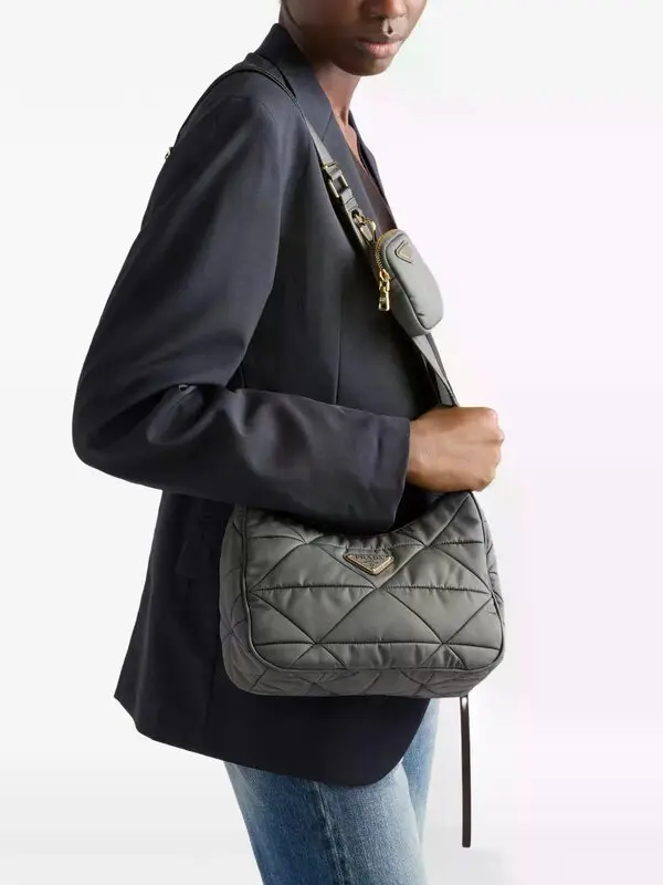 Prada Padded Re-nylon Shoulder Bag With Enamel Triangle Logo - Grey