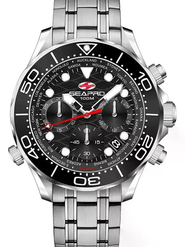 SEAPRO Chronograph Watch With World Time Bezel - Black