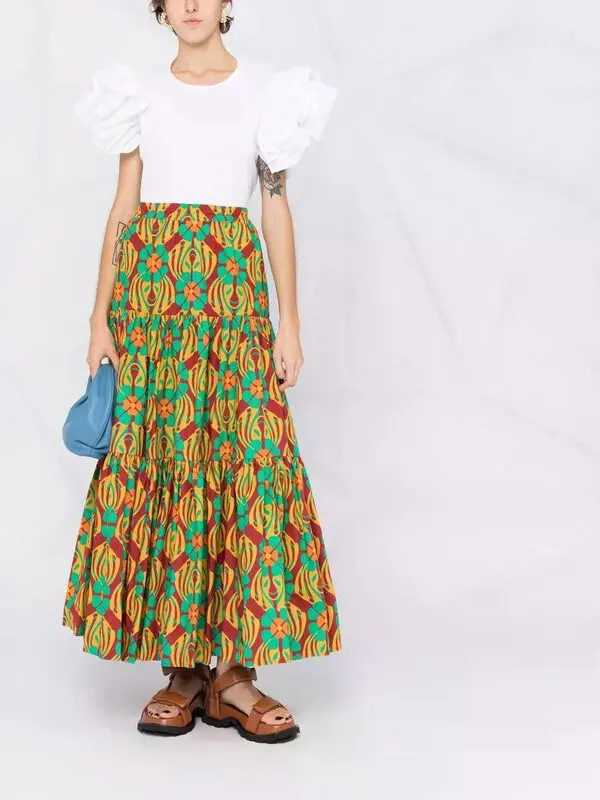 La DoubleJ Graphic Print Tiered Maxi Skirt - Green