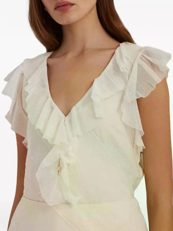 Ralph Lauren Sleeveless Embroidered Ruffle V-neck Top