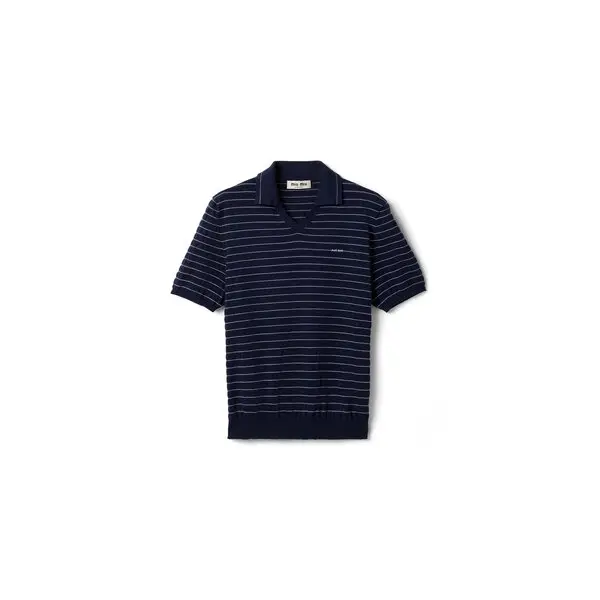 Miu Miu Cotton Piqué Motif V-neck Sweater - Navy