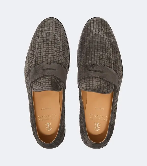Brunello Cucinelli Woven Suede Penny Loafers - Grey