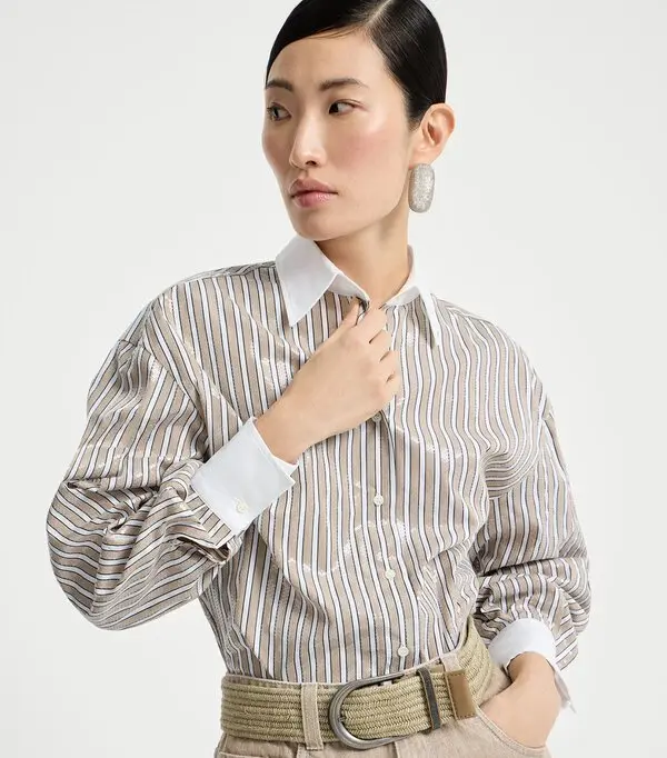 Brunello Cucinelli Striped Sequined Cotton Shirt - Beige