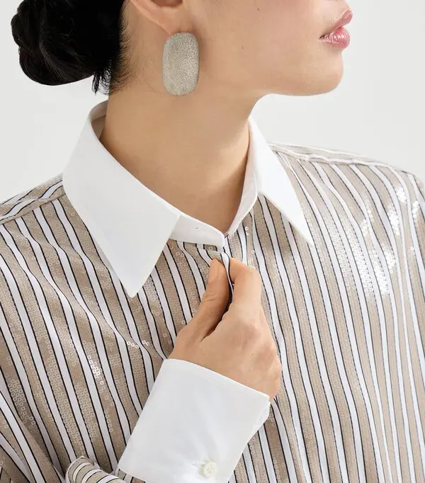 Brunello Cucinelli Striped Sequined Cotton Shirt - Beige