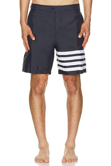Thom Browne Button Front Board Shorts With Signature Stripes