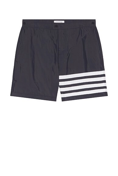 Thom Browne Button Front Board Shorts With Signature Stripes