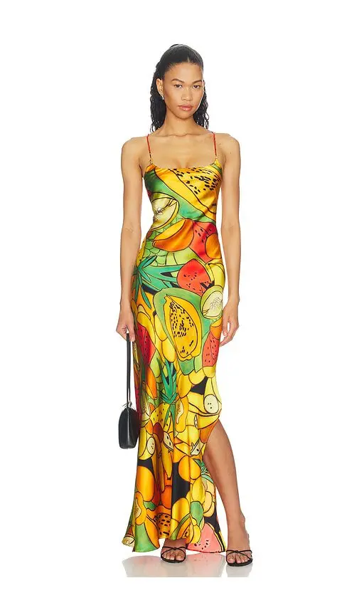 DONDE ESTEBAN Frutas Silk Satin Long Dress In . Also - Orange