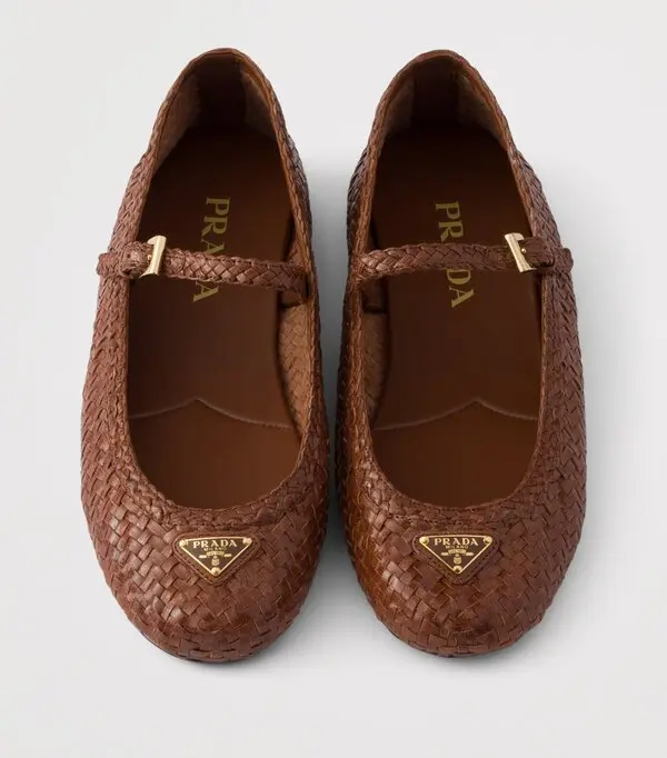 Prada Woven Leather Mary Jane Ballet Flats - Brown