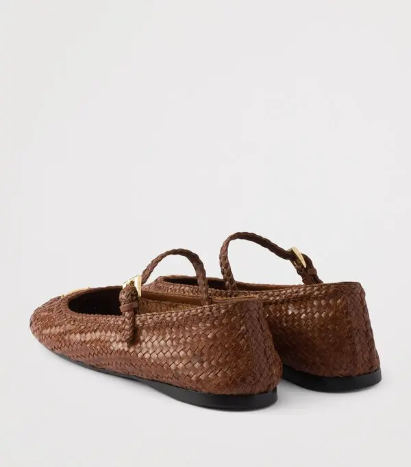 Prada Woven Leather Mary Jane Ballet Flats - Brown