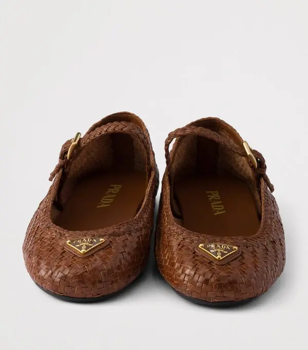 Prada Woven Leather Mary Jane Ballet Flats - Brown