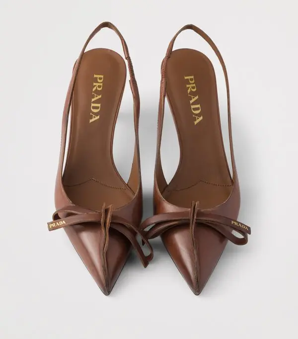 Prada Leather Bow-detail Slingback Pumps 55 - Brown