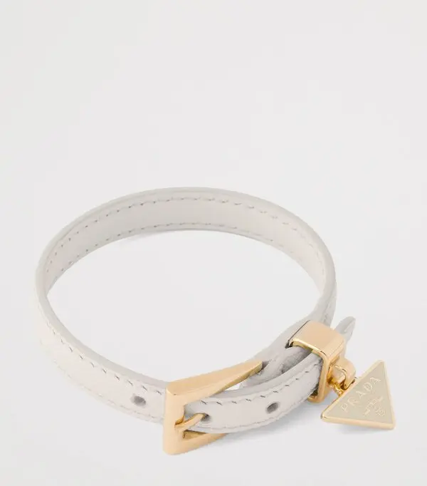 Prada Saffiano Leather Buckled Bracelet With Triangle Motif - Neutral