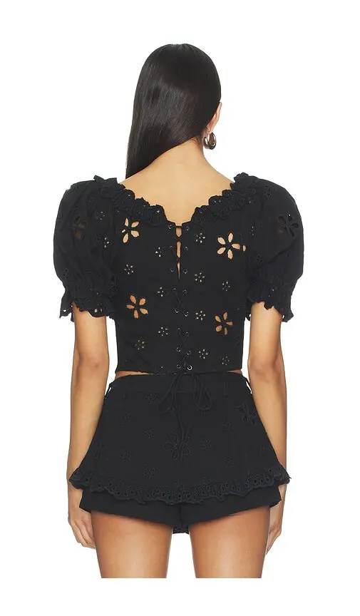 For Love & Lemons Yasmin Eyelet Denim Top - Black