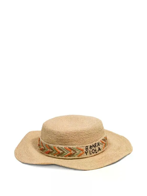 Bimba Y Lola Woven Wide Brim Hat With Embroidered Logo - Neutrals