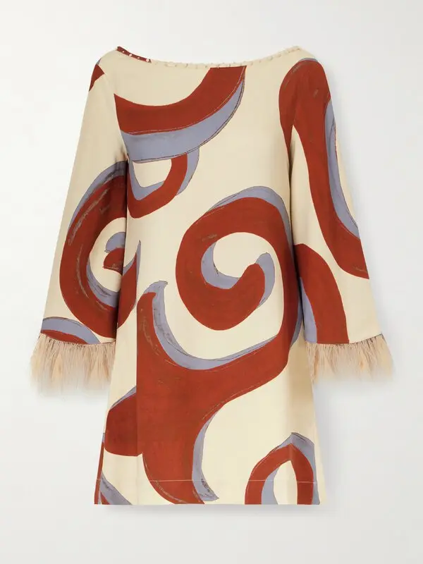 Themis Z Kyra Sabra Feather-trimmed Printed Crepe Mini Dress - Multi