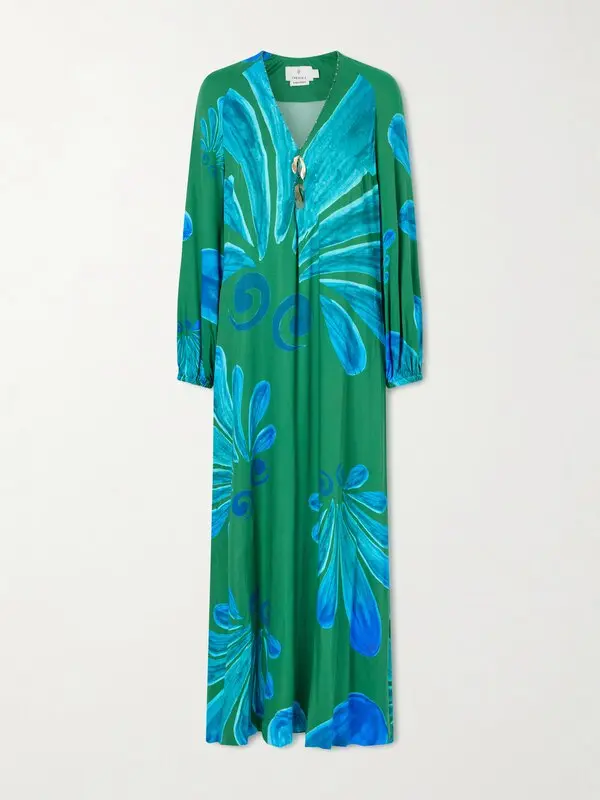 Themis Z Alcmene Embellished Printed Crepe Maxi Dress - Green