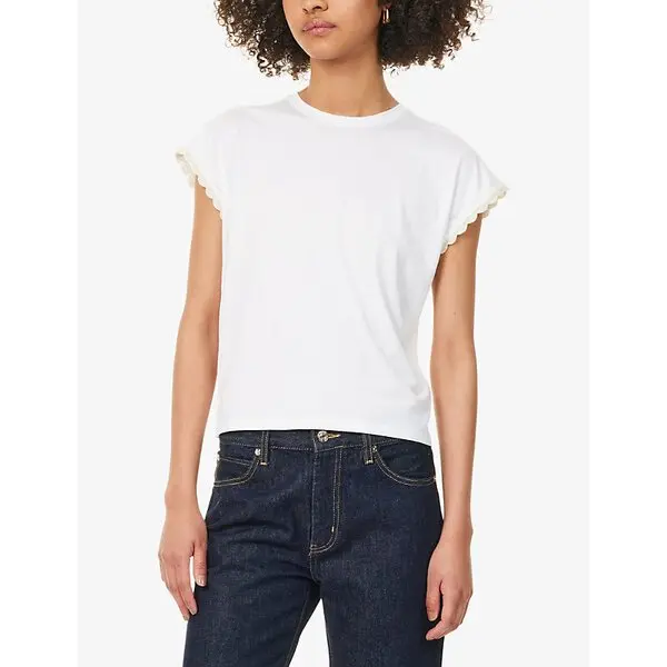 FRAME Cap-sleeve Scallop-trim Cotton T-shirt