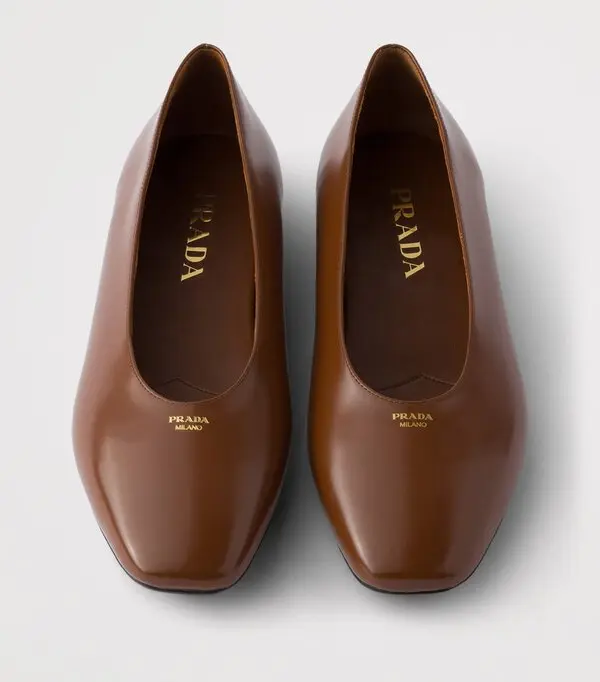 Prada Leather Logo Ballet Flats - Brown