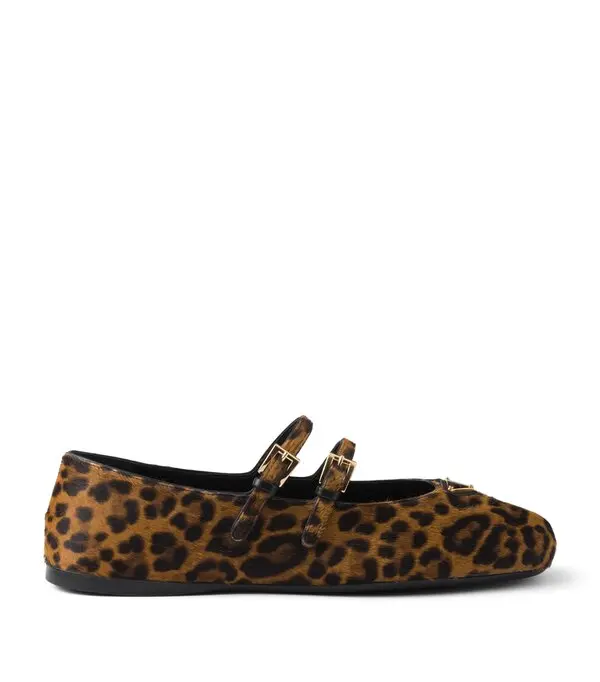 Prada Brushed Leather Leopard Print Ballet Flats With Buckled Straps - Neutral